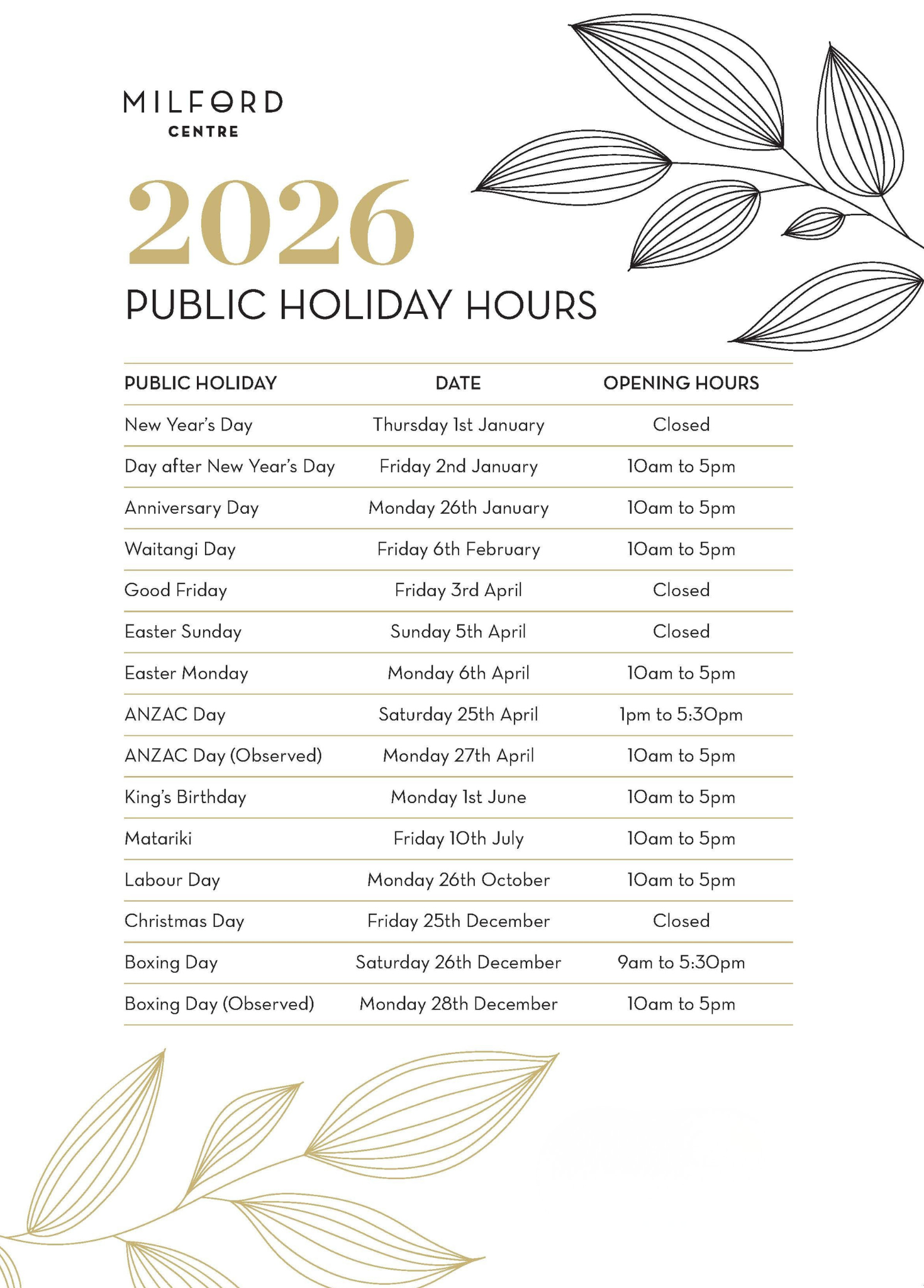 Opening Hours – Milford Centre